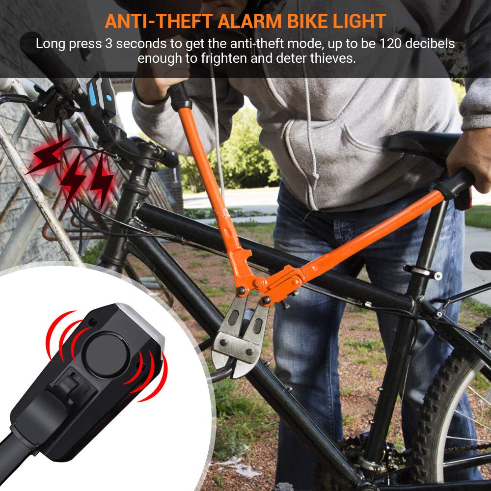 CS Force Bike Light Set, Anti-Theft Alarm Bicycle Front & Tail Light USB Rechargeable Waterproof Cycling Headlight and Taillight Set with 3 Lighting Modes 5 Sounds Loud Siren, Fits Mountain Road Bike