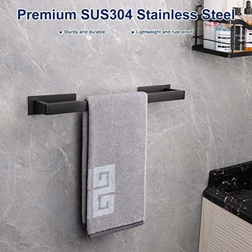 NearMoon Self Adhesive Bathroom Towel Bar-Stainless Steel Square Bath Wall Shelf Rack Hanging Towel Stick On Sticky Hanger Contemporary Style, NO Drilling (Matte Black, 9-Inch Towel Rack)