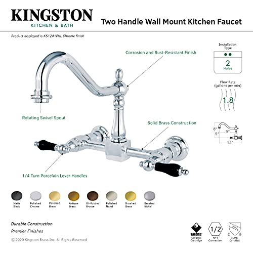 Kingston Brass KS1242PKL Duchess Two-Handle Wall Mount Bridge Kitchen Faucet, 9-7/16" In Spout Reach, Polished Brass
