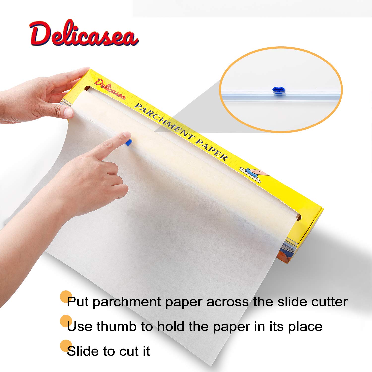 Delicasea 250 SQ FT Parchment Paper Roll for Baking 15 in x 200 ft with Slide Cutter, White Baking Paper Roll for Cooking, Roasting, Grilling