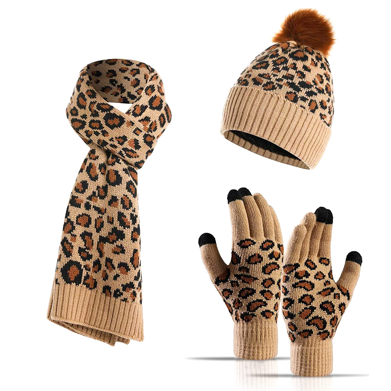 CNCHUROU Winter 3 in 1 Scarf Hat Glove Set for Women Beanie Hat Long Scarf Touch Screen Gloves Leopard Knitted with Pom