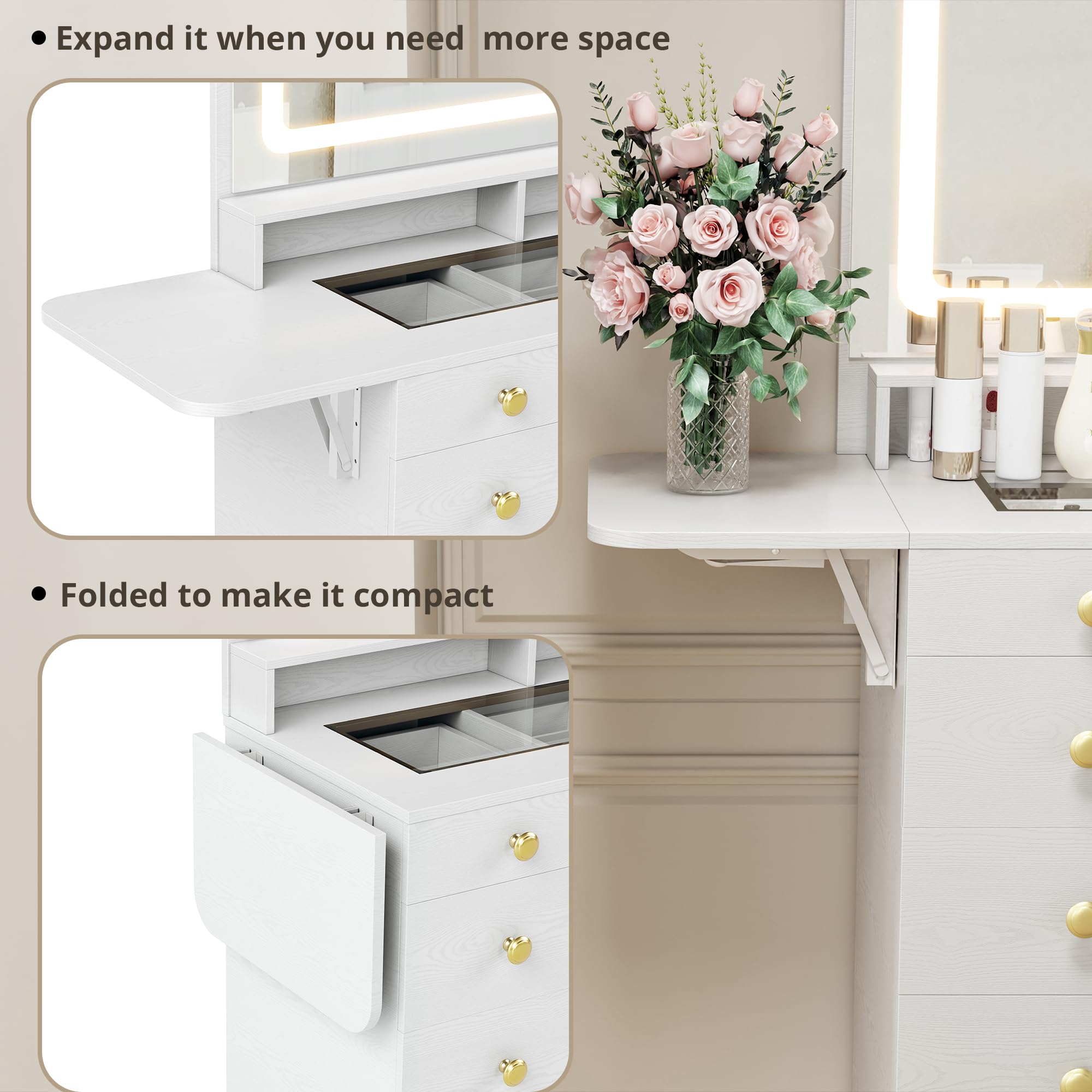 IRONCK Vanity Desk with Mirror and LED Lights, Makeup Vanity with 11 Drawers and Power Outlet, 45" Glass Top Vanity Table with Storage Stool, Adjustable Brightness, Vanity Set for Bedroom, White