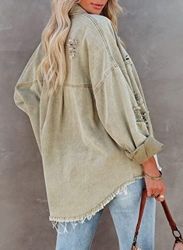 Necooer Women's Washed Denim Jacket Casual Long Boyfriend Distressed Vintage army green Jean Jacket Autumn Spring (Medium,C-ArmyGreen)