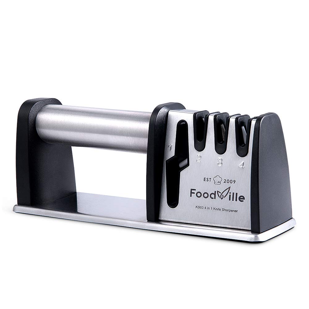 FoodVille KS04 Knife Sharpener for Kitchen Knife Pocket Knife Hunting Knives Including Straight Blades and Scissors (4 Slots) (Black)