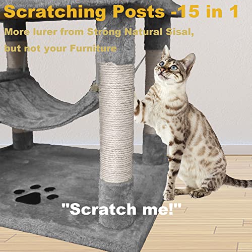 NEGTTE Cat Tree Tower for Indoor Cats,67 inches Extra Large Multi-Level Cat Condo with Sisal Scratching Posts for Large Cats Kitty Play House,Light Gray