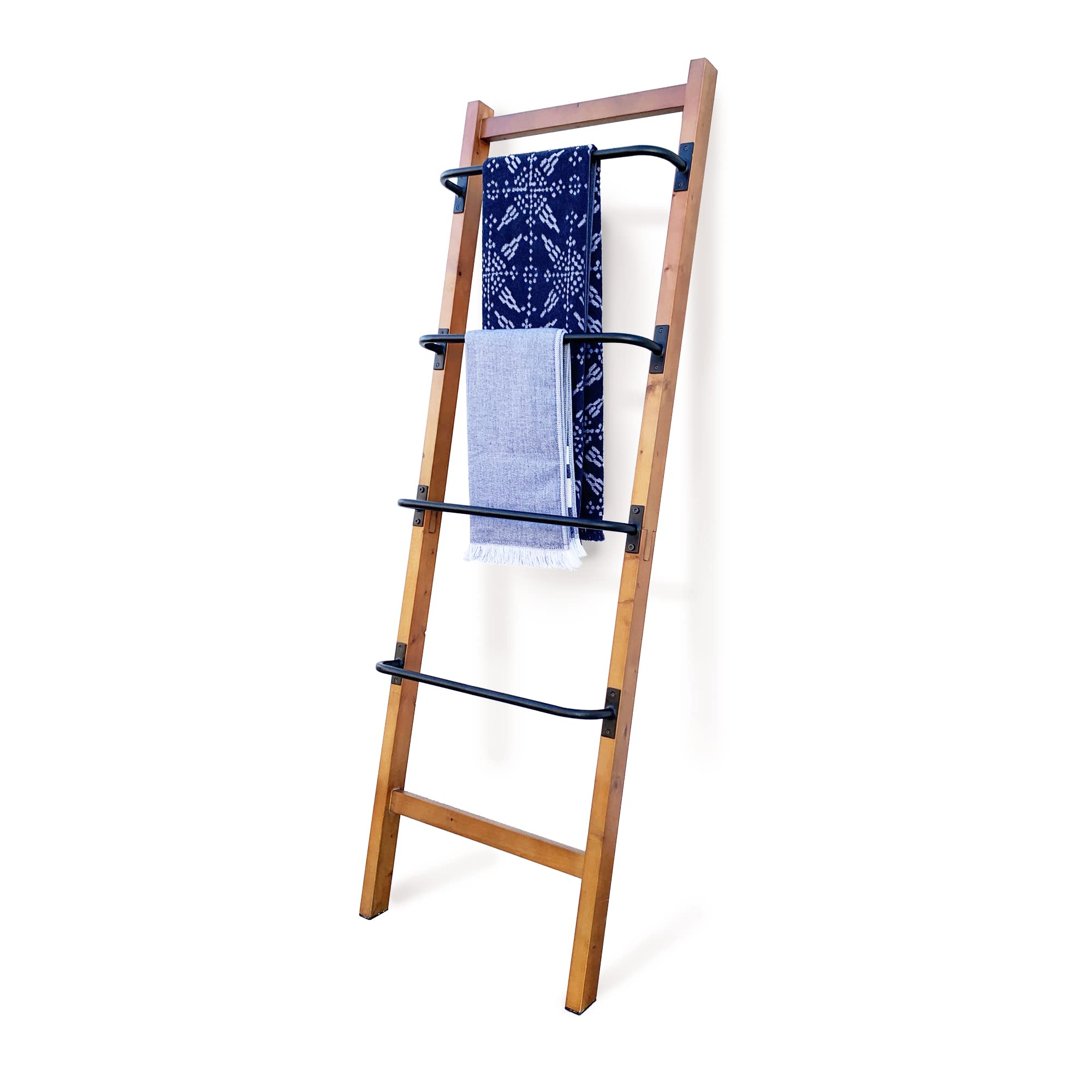 Mitus Blanket Ladder, 4-Tier Towel Ladder Shelf with Offset Metal Rungs and Pine Wood Frame, Rustic Brown and Black