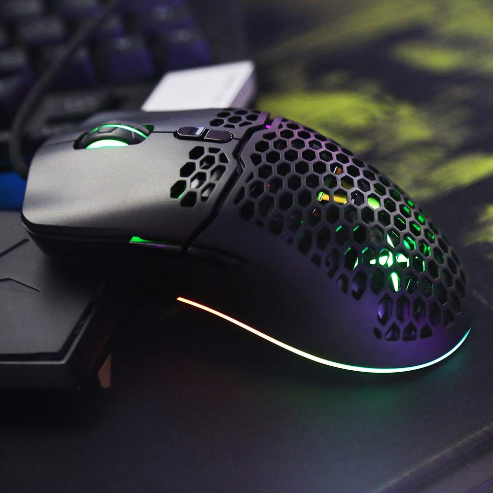 DeLUX 67G (2.36oz) Wired Lightweight Gaming Mouse with 7200DPI, 1000Hz Polling Rate, RGB Backlit and 7 Programmable Buttons, Honeycomb Gaming Optical Mouse for PC Gamer(M700BU(A725)(Black))