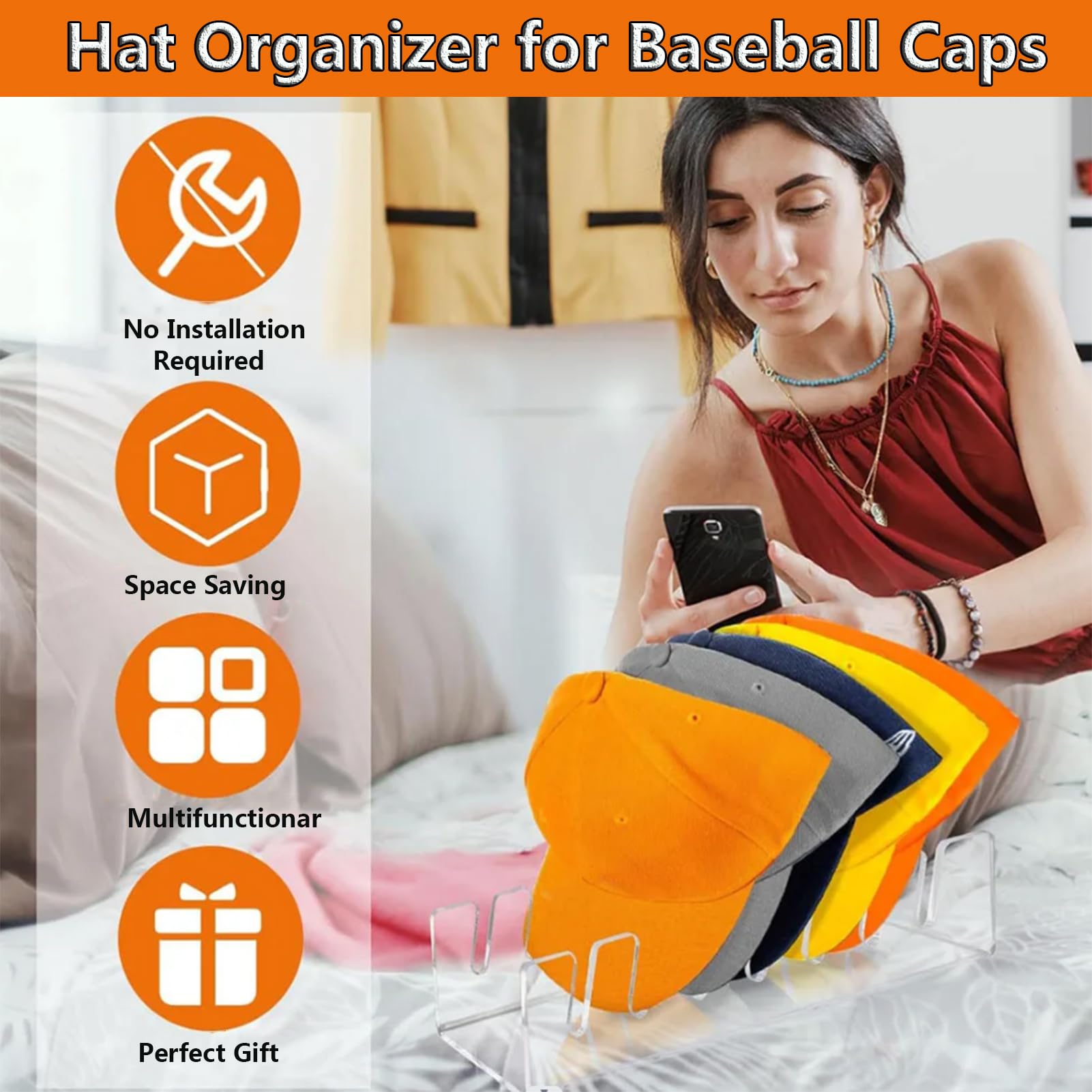 GSCDJCM 3 Pack Hat Stand for Baseball Caps Display and Organizer, No Install Acrylic Hat Organizer, Hat Racks Display and Organizer, for 21 Baseball Caps, for Bedroom, Closet, Dresser(Clear