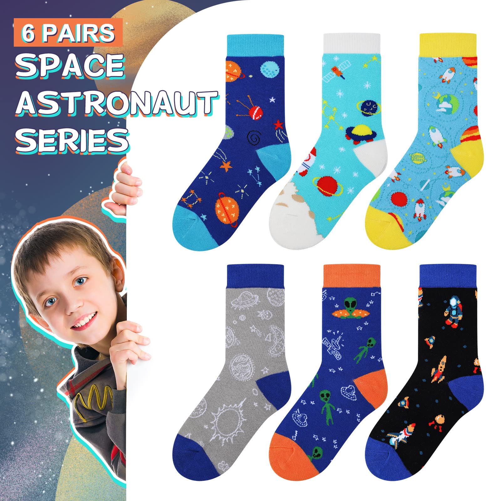 Eurzom 6 Pairs Novelty Socks for Boys Cotton Crew Socks Space Theme Boy Socks Holiday Gift
