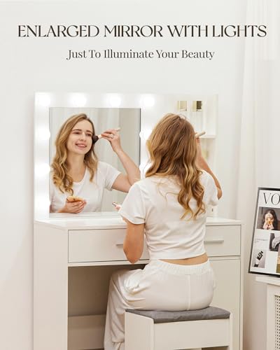 LIVELYGLOW Vanity Desk with Mirror and Lights, Makeup Vanity with Drawer & Storage Shelves, Cabinet, 3 Lighting Modes Adjustable Brightness, Bedroom Dressing Table, White