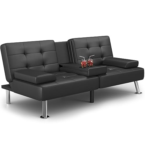 Shahoo Convertible Folding Futon Sofa Bed Sleeper Couch for Living Room Faux Leather Upholstered Loveseat w/Removable Armrests, Metal Legs, 2 Cup Holders, Black