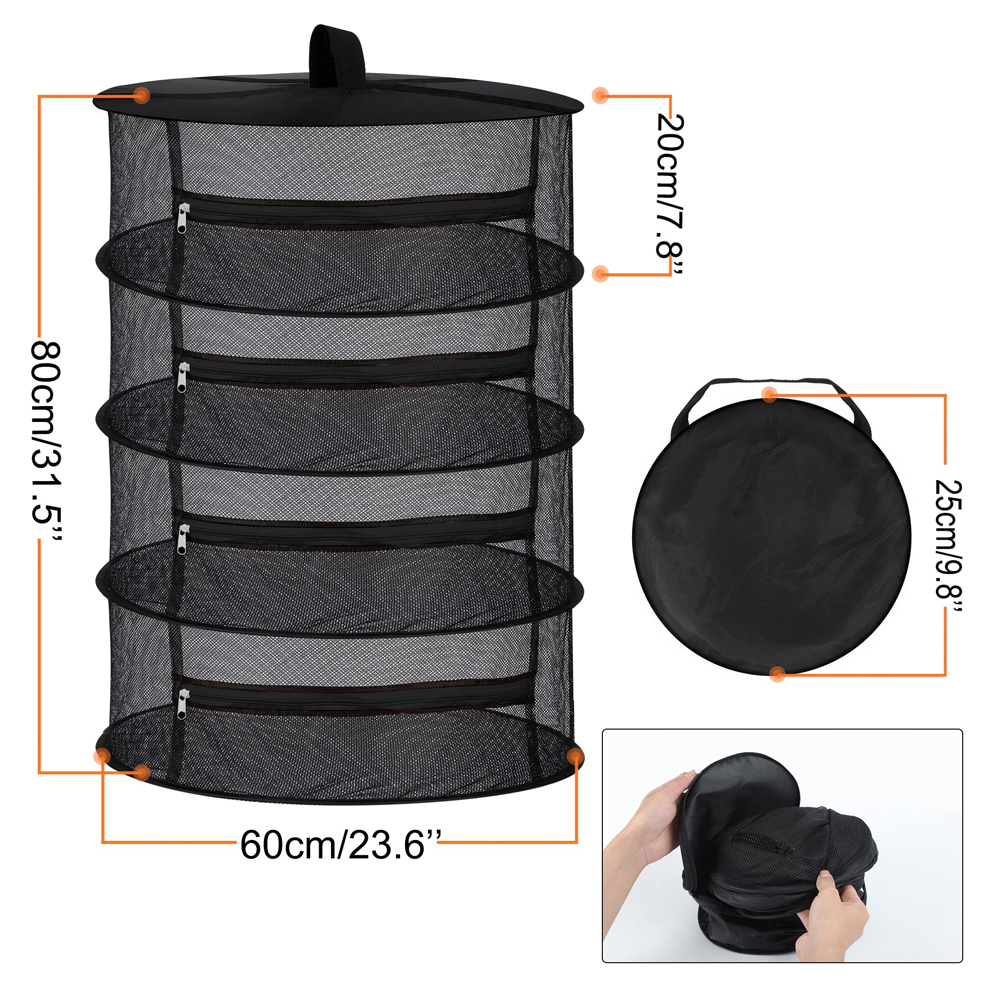 Desy & Feeci Herb Drying Rack- 4 Layer Folding Mesh Hanging Basket Dryer Net with Orange Zippers for Seeds Flowers Buds Plants Garden Outdoor Bumper Harvest(D24xH31 inch)