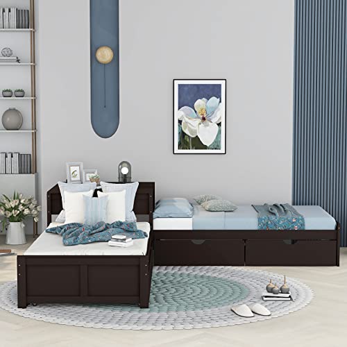 L Shaped Platform Bed with Trundle and Drawers Linked with Built-in Desk, Wooden Twin Bed Frame for 3 Kids Teens Adults, Espresso