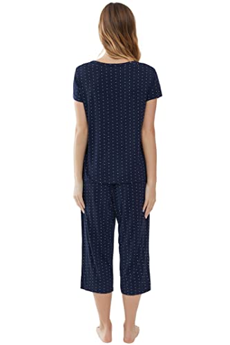 Joyaria Womens Capri Bamboo Pajamas Capri Pjs Set Night Sweats Short Sleeve Sleepwear Hot Flashes(Navy Polka Dot,XXL)