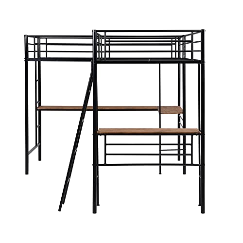 L-Shape Loft Beds with Two Desk Metal Double Twin Loft Beds Frame Heavy-Duty Black Corner Twin Size Lofts Bed for 2 Kids Girls Boys Teens
