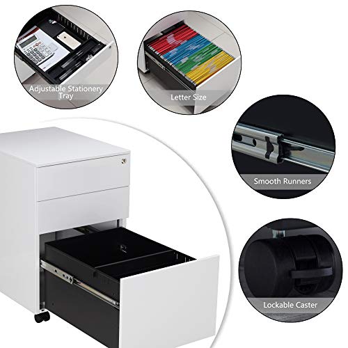Danxee Fully Assembled Modern Design 3 Drawers Metal Mobile File Cabinet for Legal/Letter Size with Lock Key on Wheels for Home Office (White)