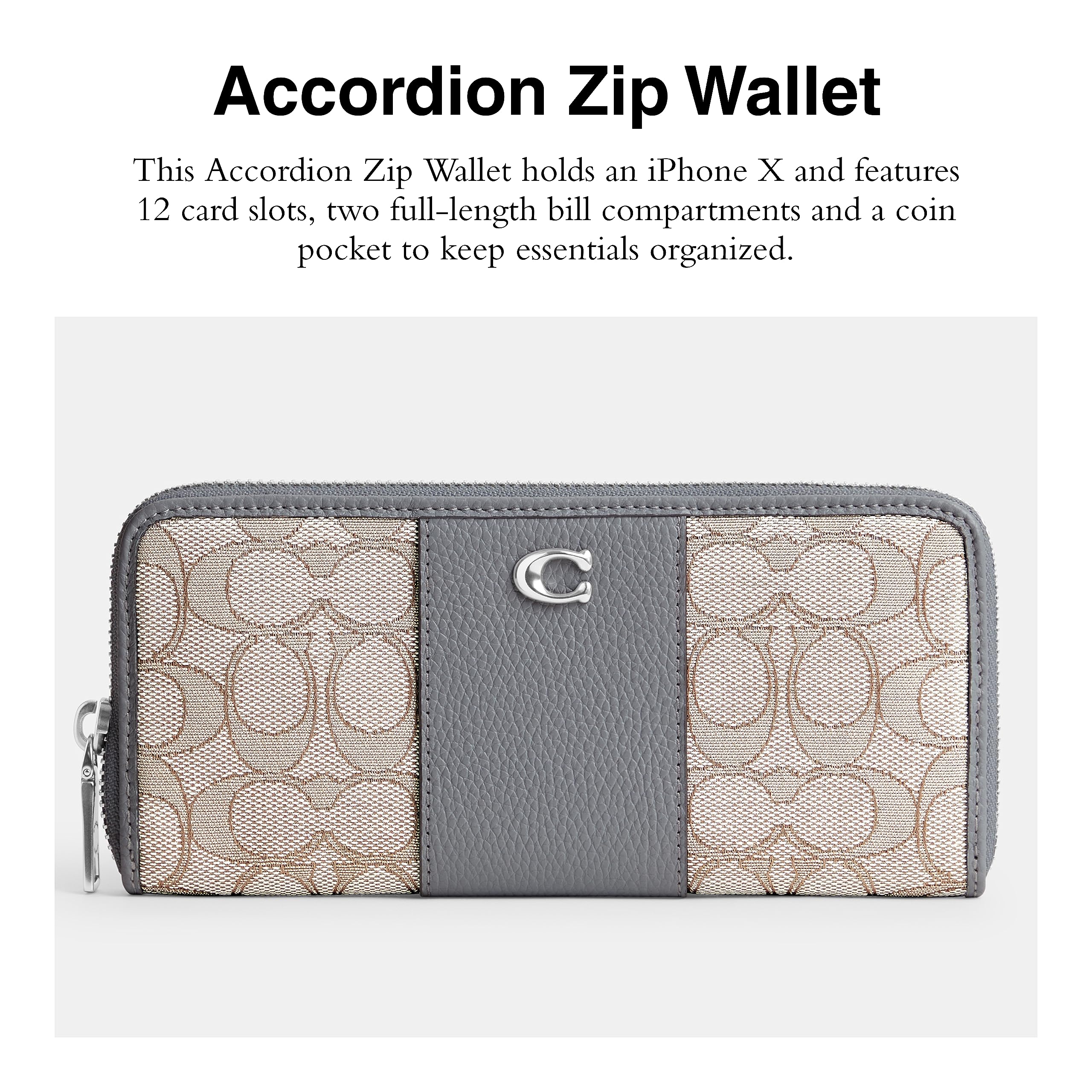 Coach Box Program Signature Jacquard Slim Accordion Zip, Stone Grey/Blue