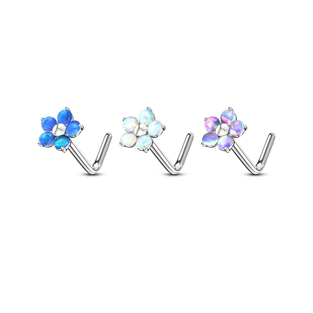 Covet Jewelry Flower with 5 Opal Petals 316L Surgical Steel L Bend Nose Stud Ring (Opal Purple)