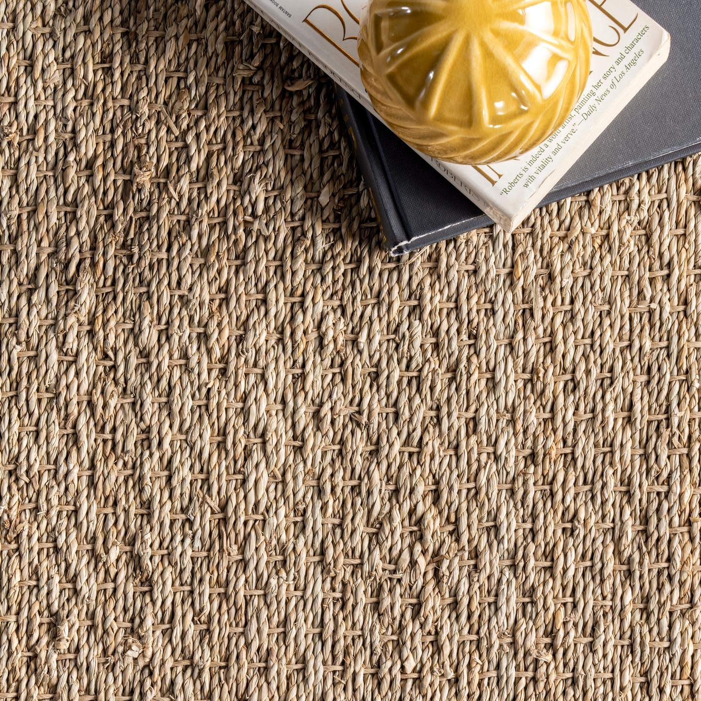 nuLOOM 8 Square Elijah Seagrass Area Rug, Black, Solid Farmhouse Style, Cotton Bordered, Basketweave, Natural Fiber, For Bedroom, Dining Room, Living Room, Hallway, Office, Kitchen, Entryway