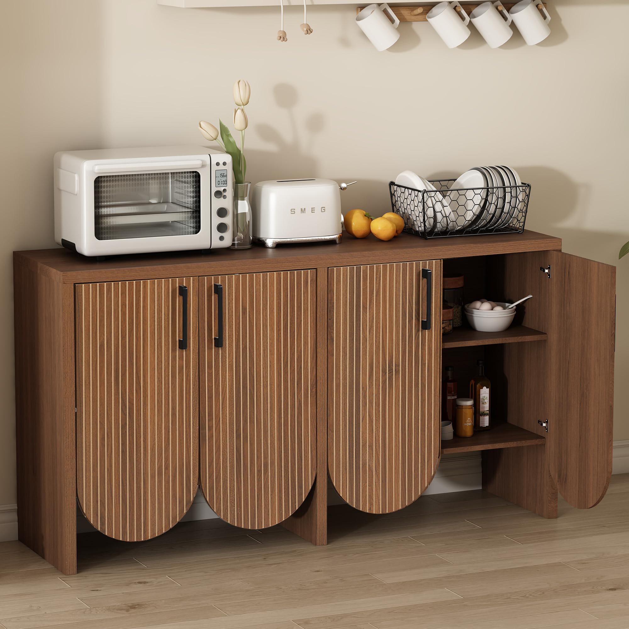 Fluted Buffet Sideboard Cabinet with Storage,Scandinavian 57.9β Storage Cabinet with Adjustable Shelves,Carved Arc Door Design Accent Buffet Cabinet for Living Room Dining Room (Walnut, 4 Door)