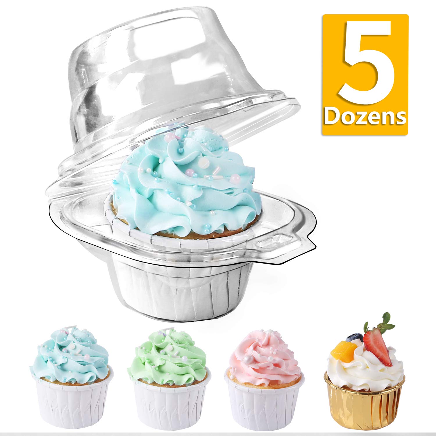 FoodieJoy 60 Packs Individual Cupcake Containers Stackable Single Compartment Cupcake Disposable Carrier Holder Box Deep Dome Clear Plastic BPAFree (60 counts)
