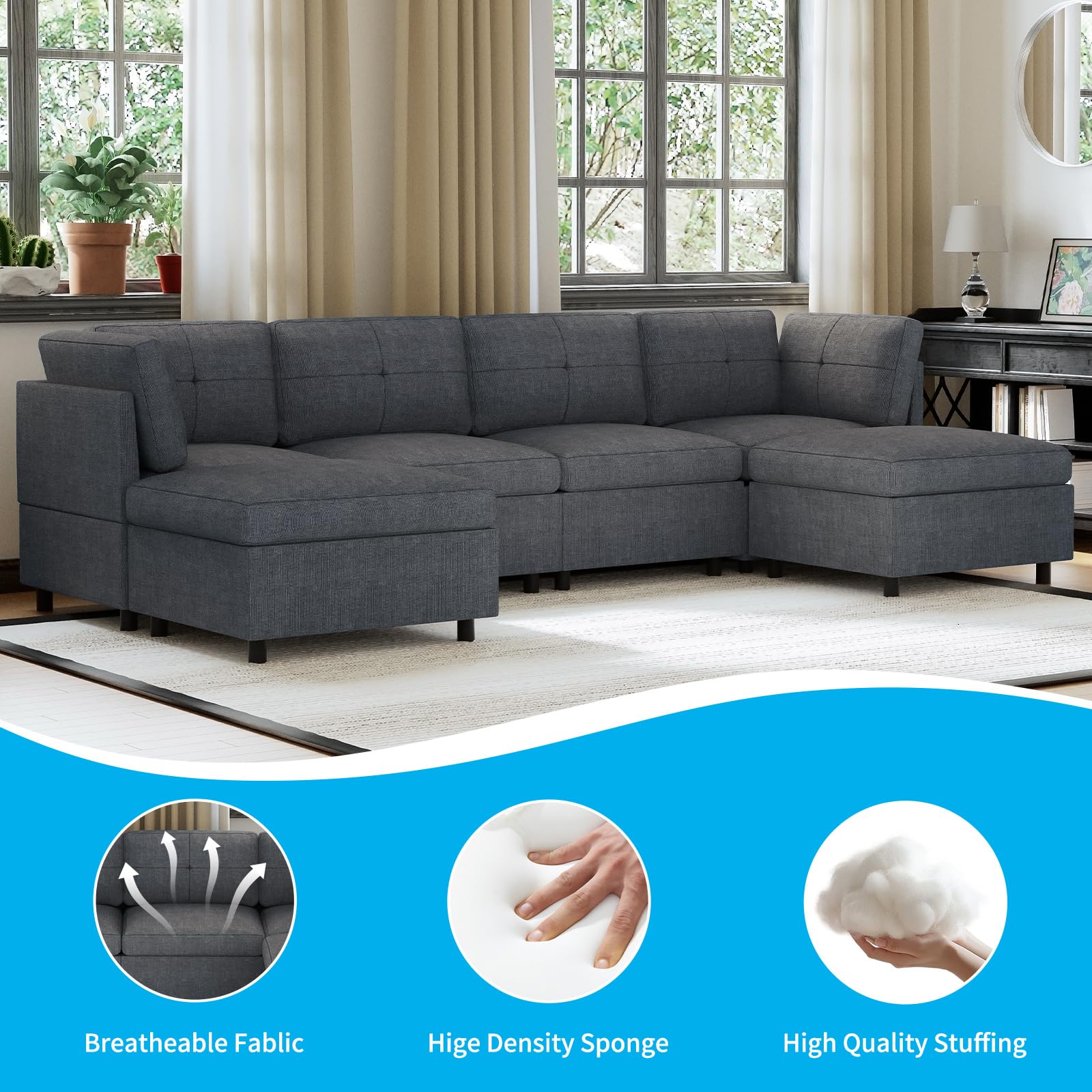 Mjkone Convertible Sofa Couch, Modern U Shaped Sofa with Tufted Back Cushion, 6 Seat Oversized Sectionals Sofa Couch with Ottomans for Living Room/Apartment/Office (Beige)
