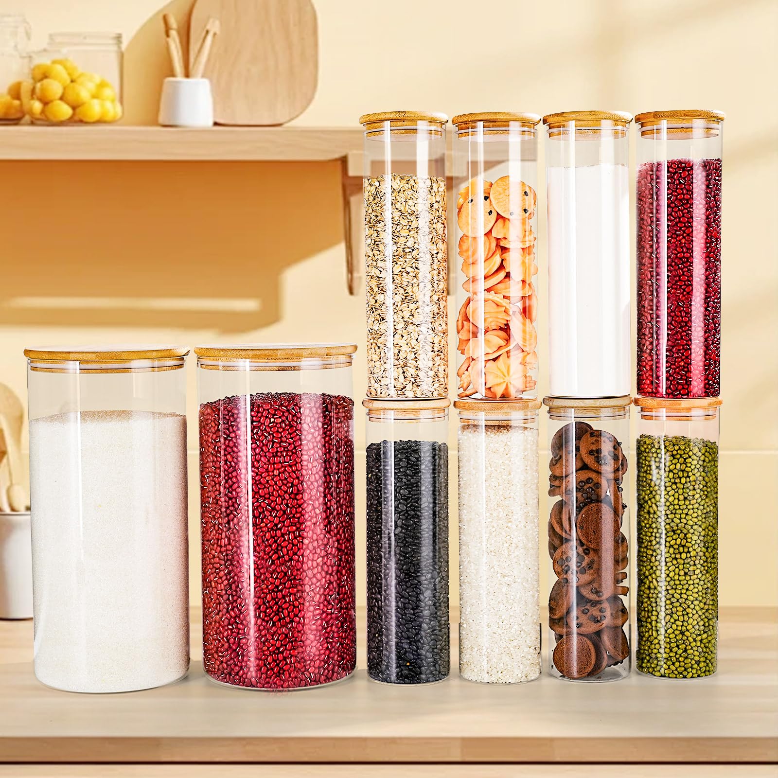 GTJ Glass Storage Containers with Lids, 38oz Set of 8, Glass Jars with Bamboo Lids, Flour Sugar Storage Containers, Airtight Food Storage Containers for the Kitchen, Cereal Containers Storage