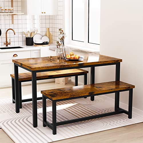 Recaceik 47" Dining Room Table Set with 2 Benches, Kitchen Dining Table Set for 4 Persons, Space Saving Kitchen Table and Chair Set for Dining Room, Small Space, Breakfast Nook(Brown)