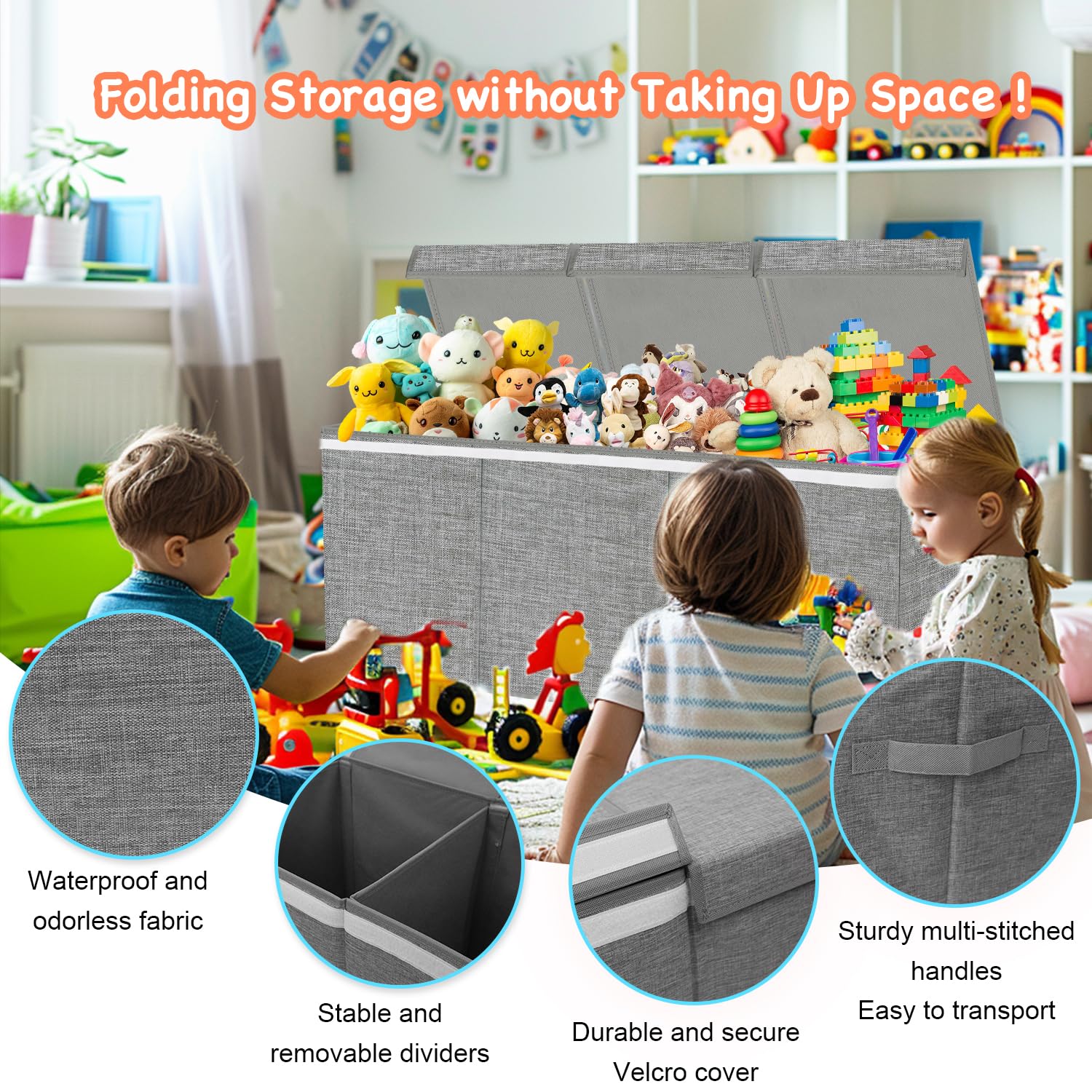 Extra Large Toy Box, Toy Storage Organizer with Lid, Oxford Fabric Collapsible Sturdy Toy Chest Bins Baskets for Livingroom,Playroom, Nursery, Bedroom, Closet (Light Grey)