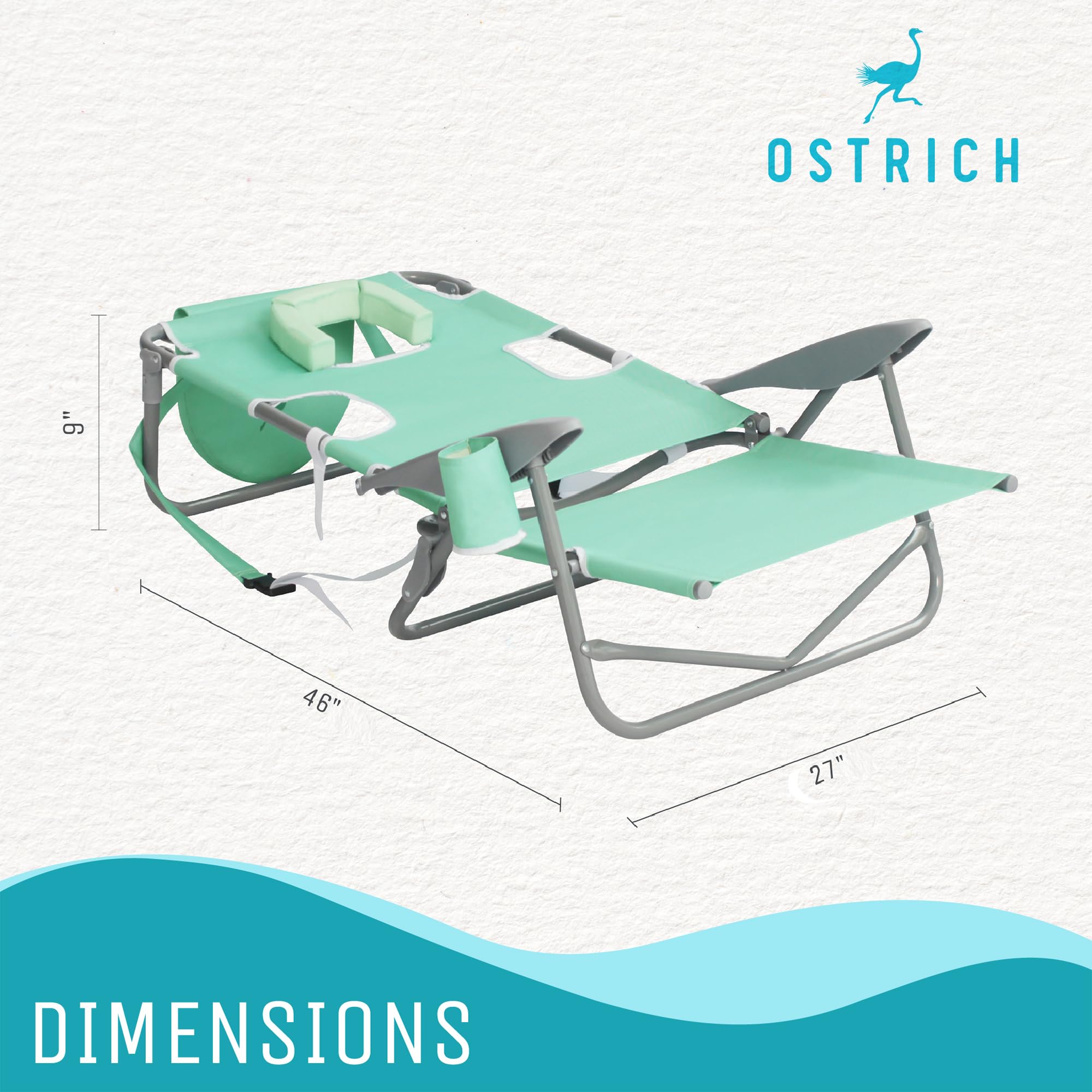 Ostrich On Your Back Backpack Beach Chair with Face Hole - Adjustable, Portable Lounge Chair with Cup Holder, Face Opening - Heavy Duty, Lay Flat Tanning Chair for Face Down Reading For Adults (Teal)