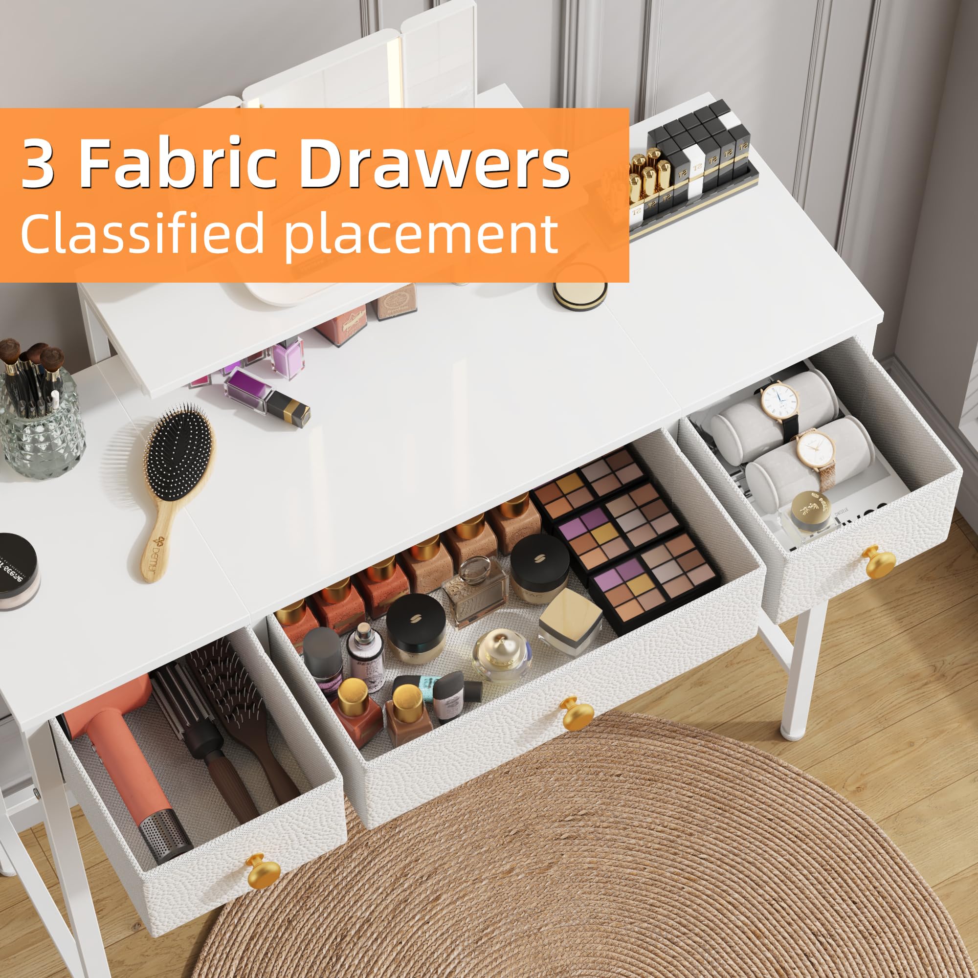 HIGDBFE Small Makeup Vanity Desk 27''W with 3 Fabric Drawers and Lighted Mirror, Vanity Table with Height-Adjustable Stand, Dressing Vanity Desk for Bedroom and Small Spaces, 27'', White