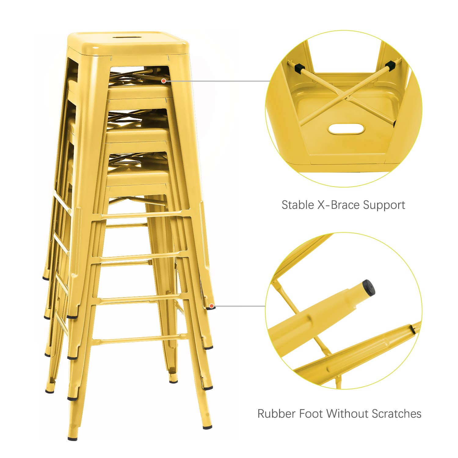 Furniwell 30 Inches Metal Bar Stools High Backless Tolix Indoor-Outdoor Stackable Barstool with Square Counter Seat Set of 4 (Yellow)