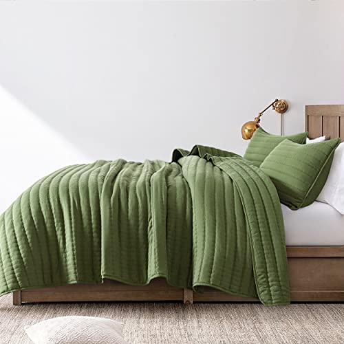 Olive Dark Green Queen Size Quilt Bedding Sets with Pillow Shams, Full Lightweight Soft Bedspread Coverlet, Forest Quilted Blanket Thin Comforter Bed Cover for All Season, 3 Pieces, 90x90 inches
