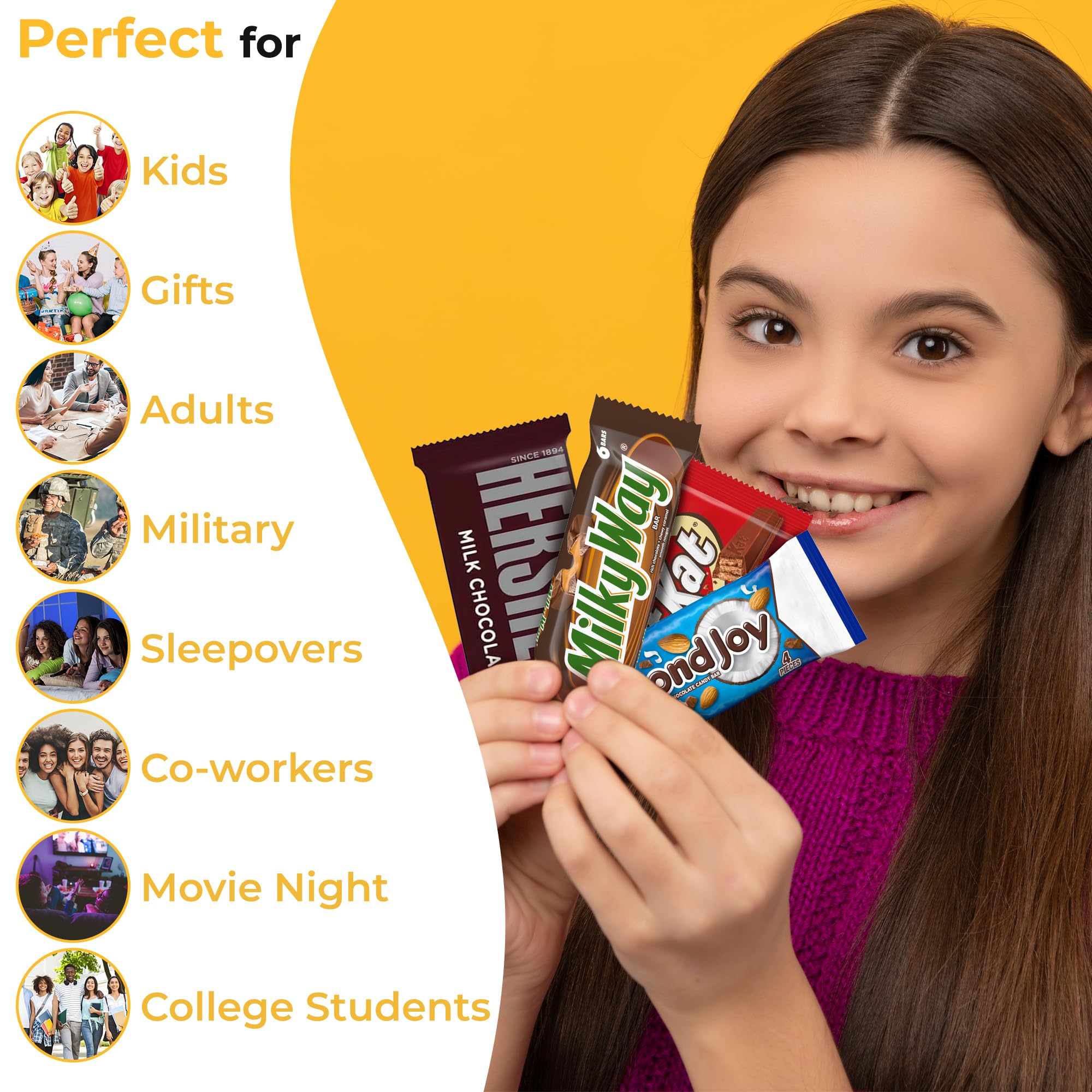 Chocolate Candy Variety Pack Gift Box - 50 Fun Size Candy Bars Assortment - Adult Chocolate Gifts for Women, Birthday, College Care Package