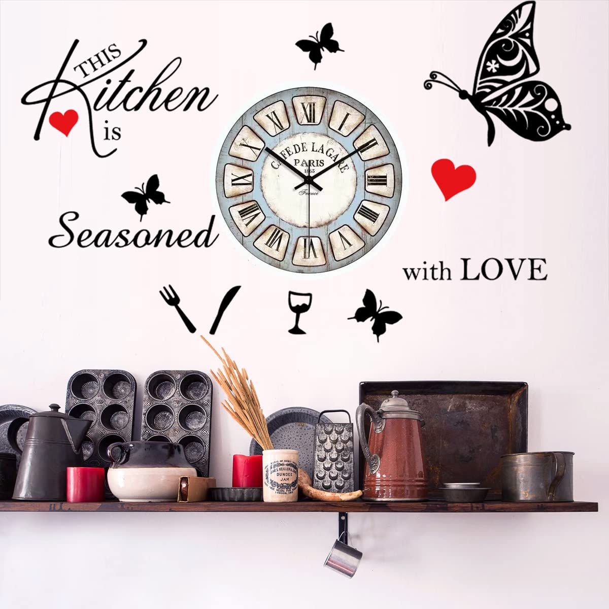 Kitchen Wall Decor Stickers Kitchen Quotes this Kitchen is Seasoned with Love Red Heart Butterfly Wall Sticker Removable Wall Decals Vase Wall Art Sticker for Dinning Room Kitchen Restaurants Home