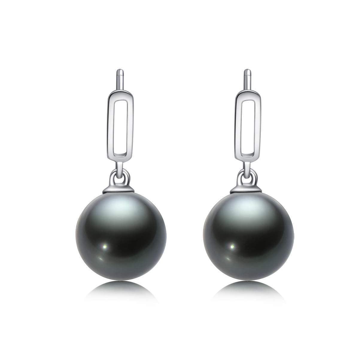 DENGGUANG 18K Gold Tahitian Black Pearl Stud Dangle Earrings 8-9mm Genuine Tahiti Cultured Pearls Drop Dangle Earrings, Mothers Day Gifts for Mom - White Gold