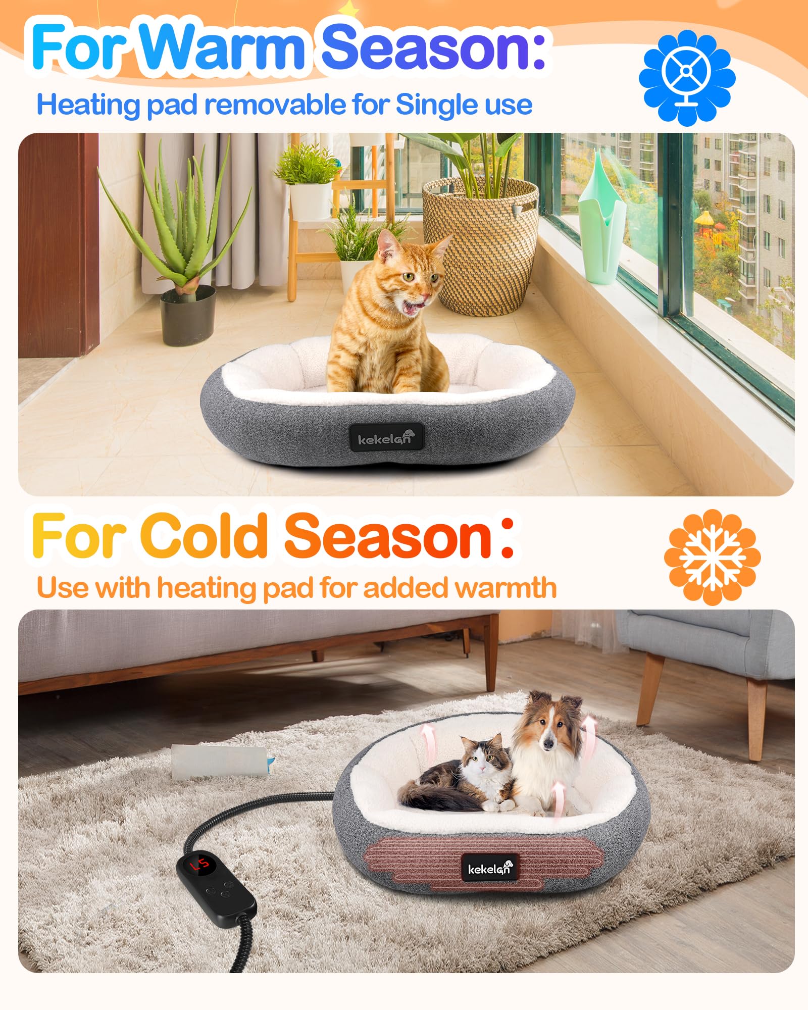 Hesiwondoo Heated Cat Bed Indoor with Adjustable Temperature Control, Heated Pet Bed for Small Dogs Auto Shutoff Soft & Cozy Donut Design, Waterproof & Flame-Retardant, Machine-Washable Cover