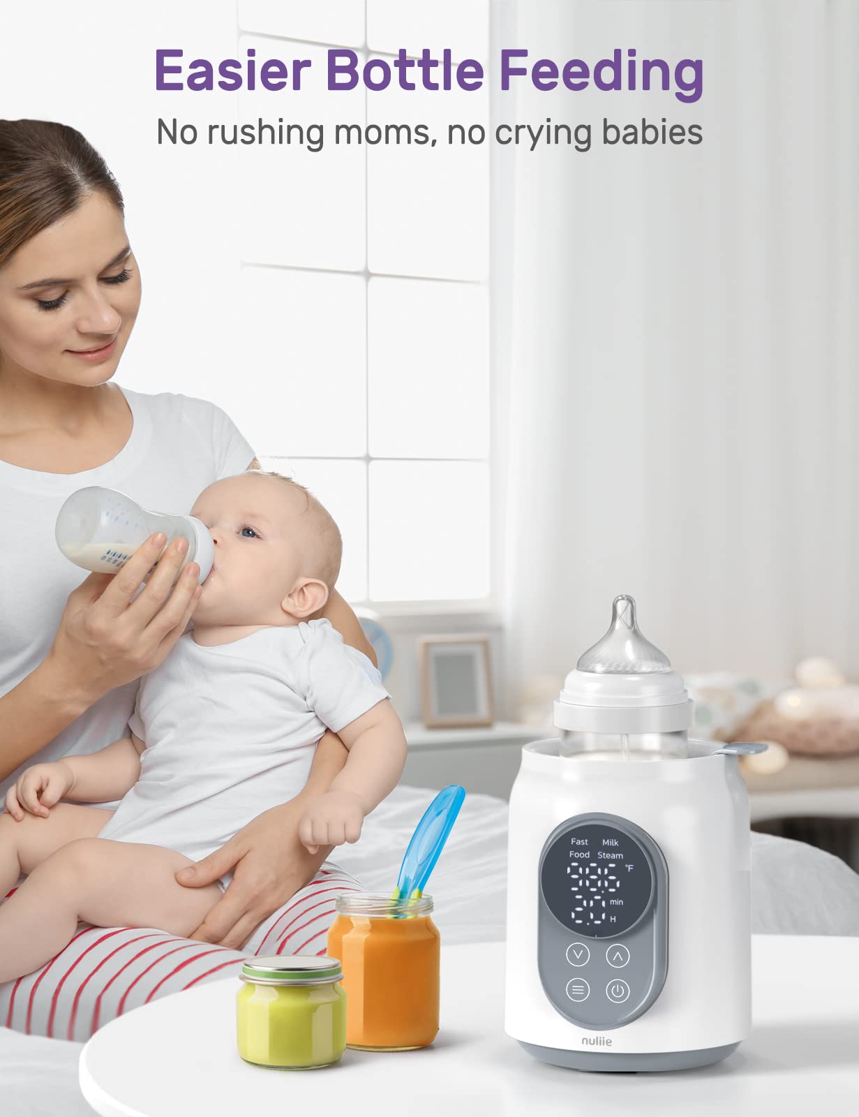 Nuliie Fast Bottle Warmer, 6-in-1 with Larger LCD Display Smart Temperature Control and Automatic Shut-Off, BPA Free Baby Bottle Warmer for Breastmilk or Formula