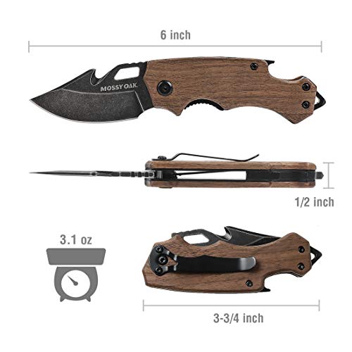 Mossy Oak Mini Folding Pocket Knife, Stainless Steel Drop Point Blade - EDC Multi-tool with Bottle Opener and Glass Breaker(Wood)