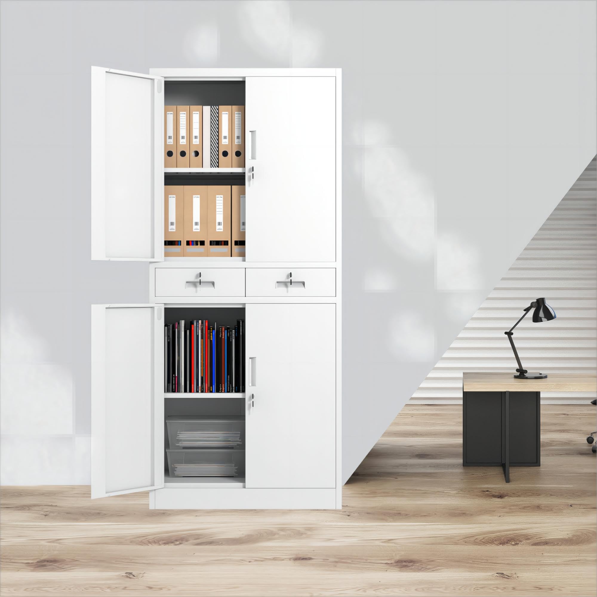 JINGUR Metal Storage Cabinet with Locking Doors and 2 Drawers, Lockable Steel Storage Cabinets with Adjustable Shelves for Home Office Garage Kitchen Pantry (Black)