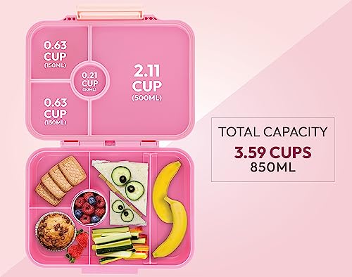 KOMUNURI LeakProof Bento Lunch Box for Kids, 4 or 5 Compartments, Microwave Safe, Dishwasher Safe, BPA Free, Lightweight, Kid Friendly Latch (True Pink - Butterflies & Flowers)