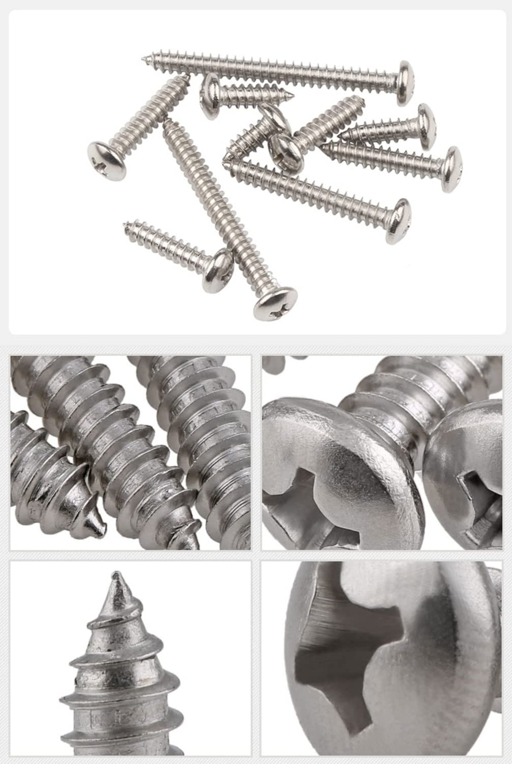 Guard4U 140Pcs #10 x 3/8", 1/2", 5/8", 3/4", 1", 1-1/4", 1-1/2", 1-5/8", 1-3/4" 304-Stainless Steel Phillips Round Pan Head Self-Tapping Drilling Screws, M4.8 Wood Screws Assortment Kit
