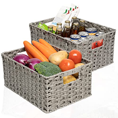 ROSOS Wicker Baskets 2 Pack, Wicker Storage Basket with Handles, Large Wicker Baskets for Storage, Waterproof Wicker Baskets for Organizing, Large Storage Baskets Wicker 15" and Medium 14", Grey