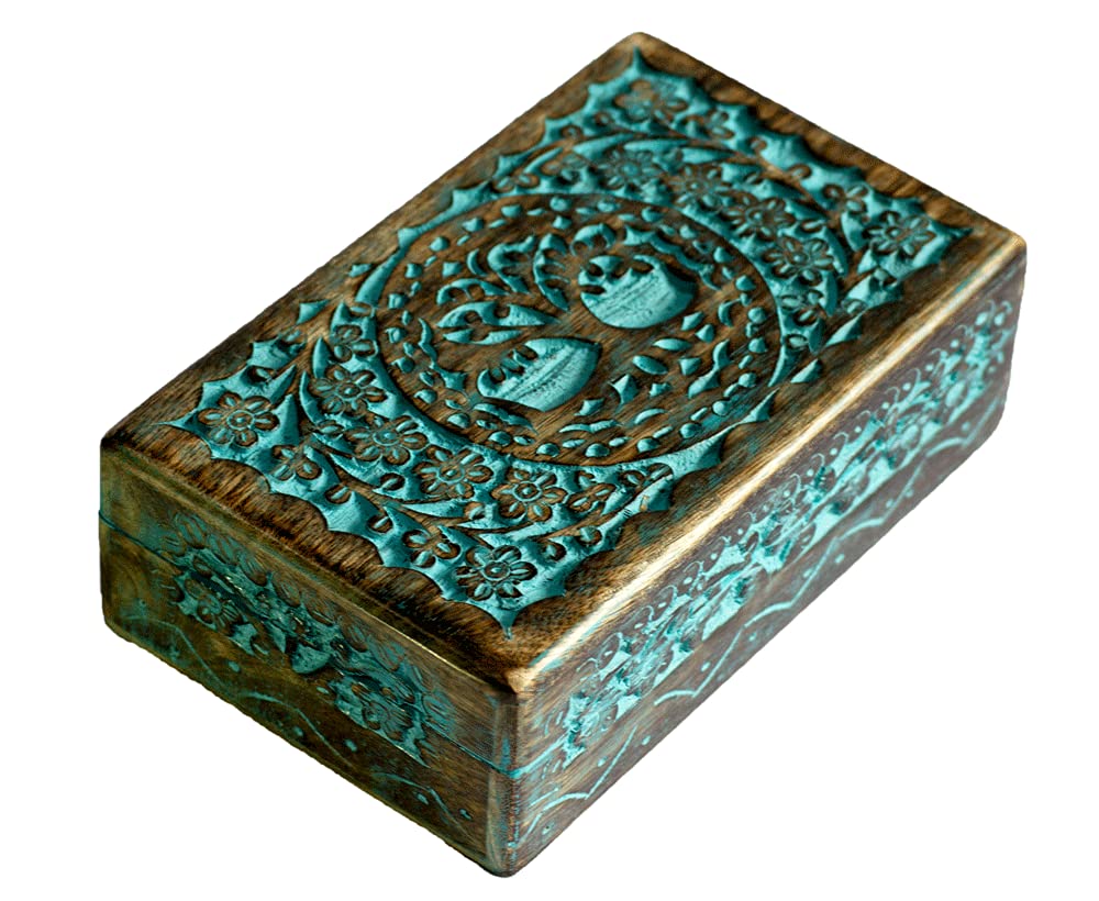 Wooden Jewelry box for Women Men | Tree of Life Design Turquoise Color Handcarved 8" x 5" x 2.5" | Decorative Jewelry case organizer for Necklace Earring Coins watch | trinket box with lid | Storage