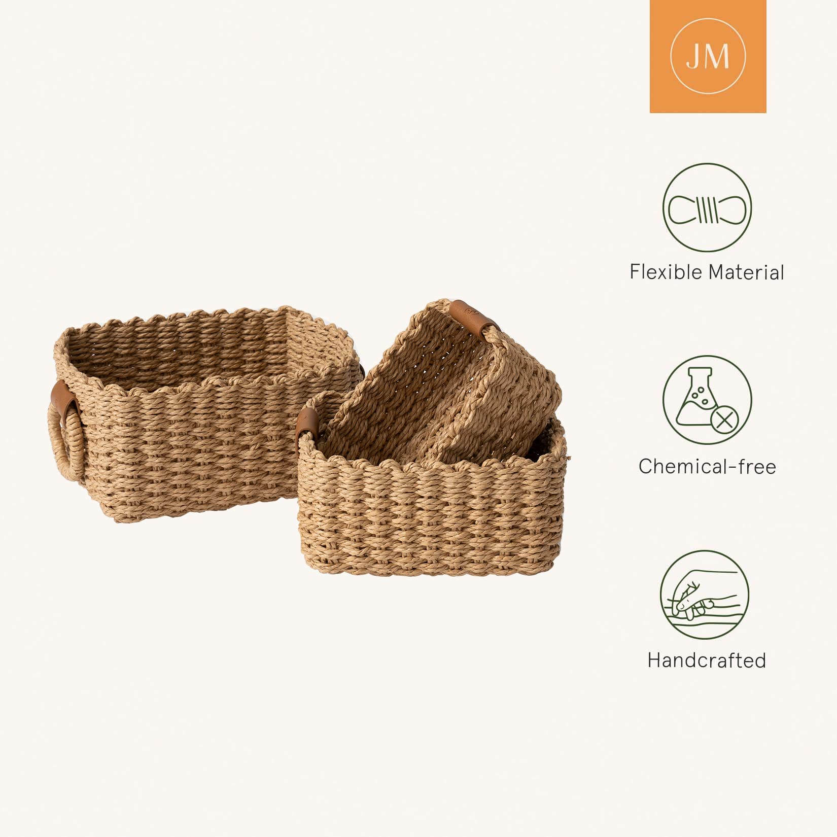 LA JOLIE MUSE Small Wicker Baskets for Organizing, Bathroom Basket with Handle, Recycled Paper Rope Storage Basket for Shelves Bathroom Cupboards Drawer, Decorative Square Basket Organizer Set of 3