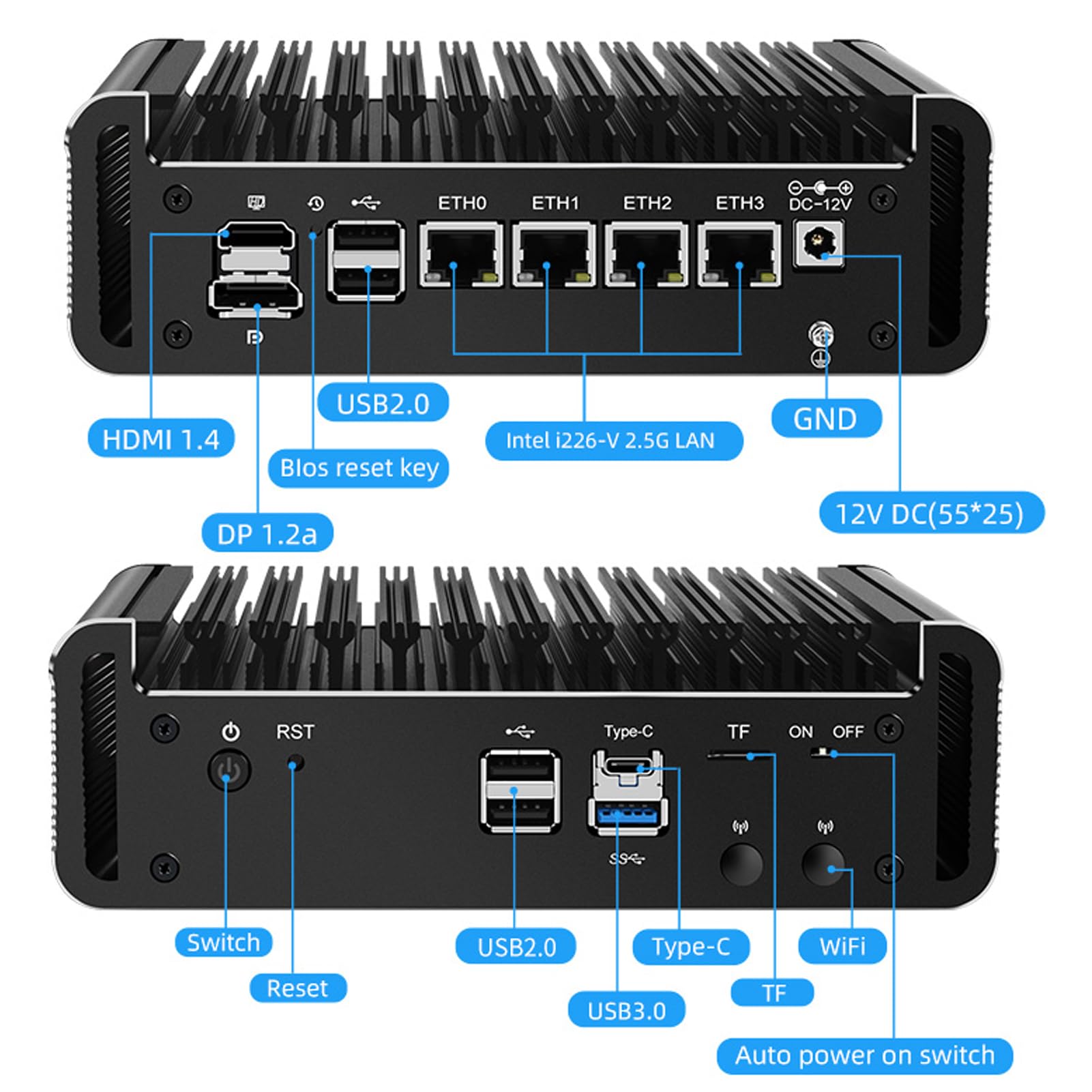 Firewall Micro Appliance, 4 Port i226 2.5GbE LAN Celeron J6413 Fanless Mini PC, 8GB DDR4 256GB NVMe, 5*USB, Type-C/DP/HDMI, AES-NI VPN Router Openwrt Barebone Wi-Fi Slot