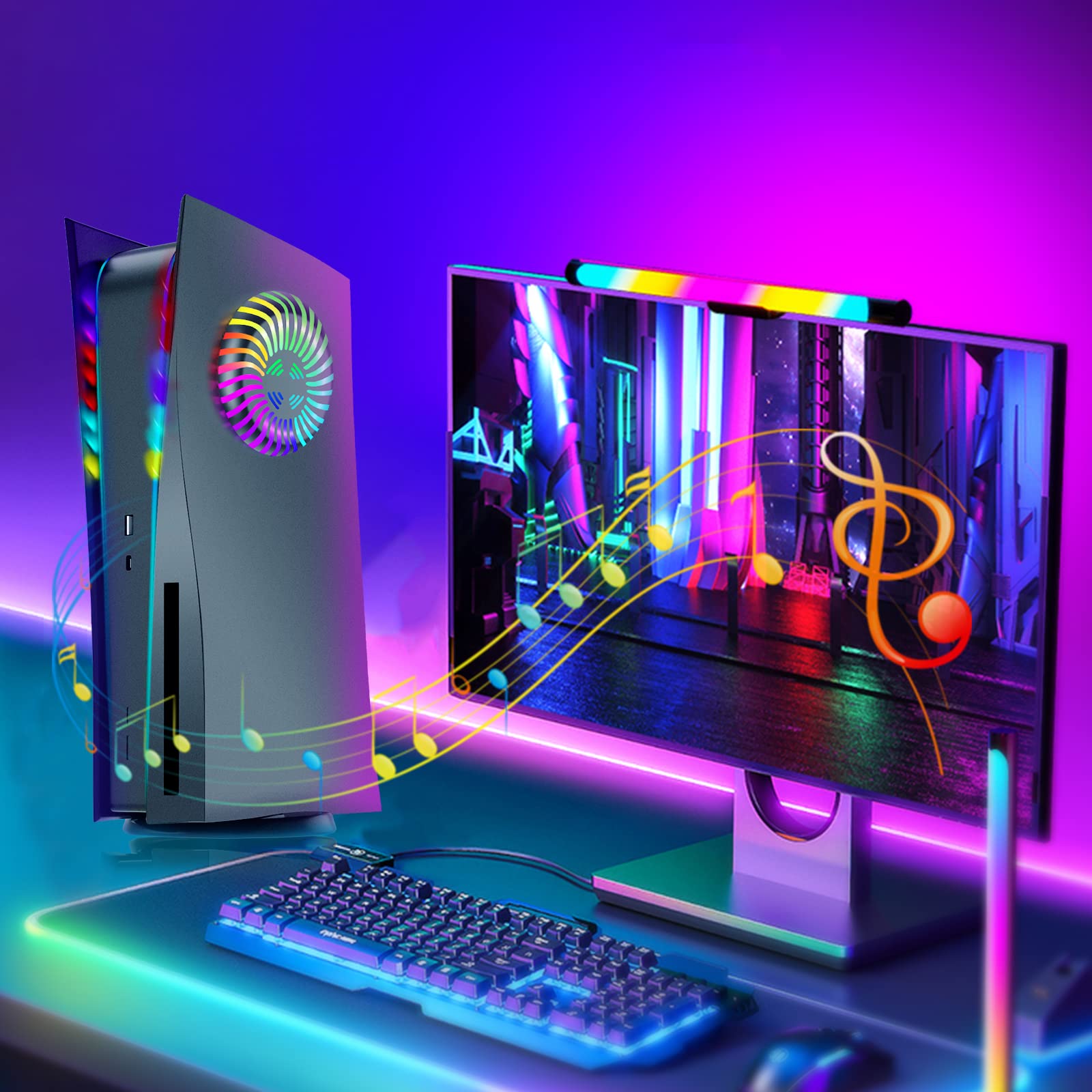 Face Plates for PS5 Console with RGB LED Light Strip, Replacement Shell Cove for PS5 Disk with Fan Vents, 3 Control Modes, 8 Colors, 400+ Lights Effects, Music Sync, ABS Hard Shockproof Anti-Scratch