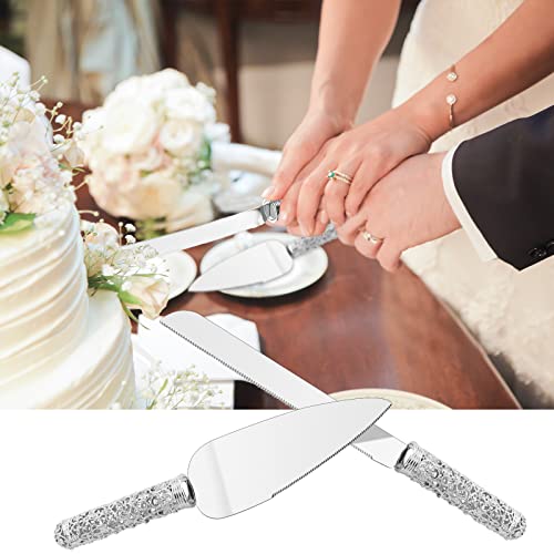 Jozen Gift Wedding Silver Cake Knife and Server Set - 2 Pcs Dessert Set Metal Handle with Crystal Stones Decoration for Wedding, Anniversary Party Birthday Banquets,Gifts for Bride and Groom