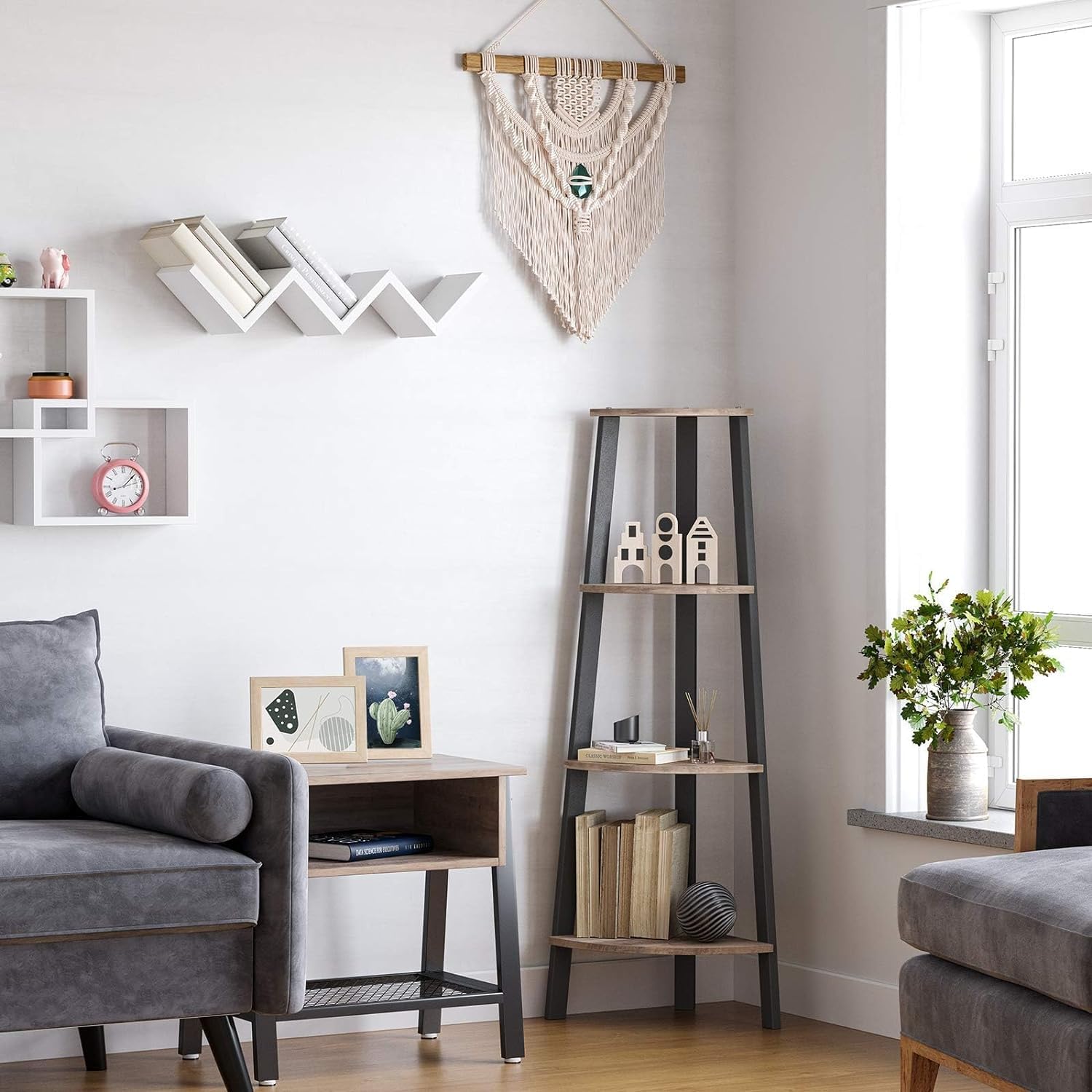 Flyxiregg 4-Tier Corner Shelf Bookshelf Corner Book Storage Shelves Open Stand Bookcase Plant Standing Shelf for Small Spaces (Greige)