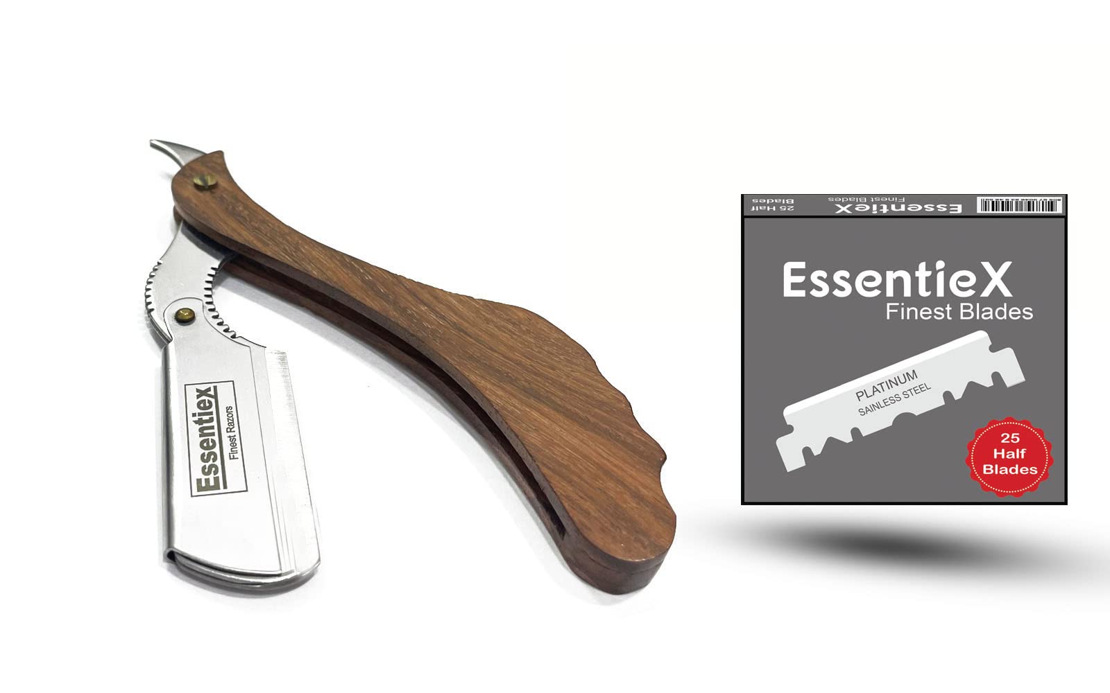 EssentieX Barber Stright Edge Razor For Men Stainless Steel Wood Handle With 25 Half Blades